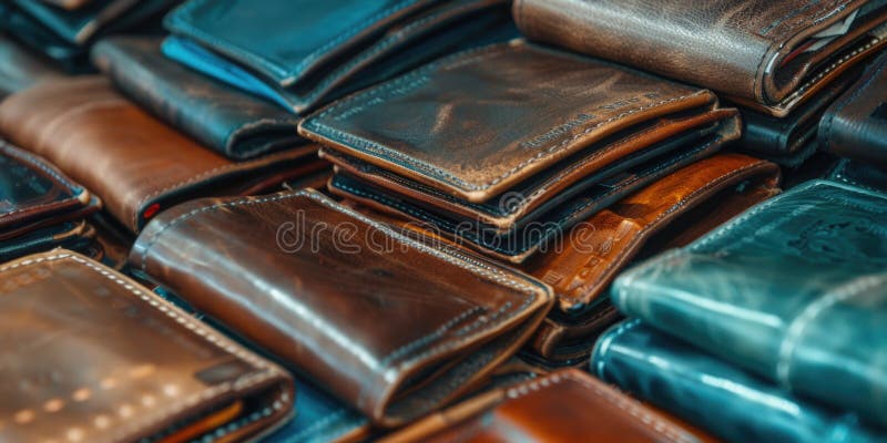 A Pile of Leather Wallets with Different Colors and Designs Stock Image ...