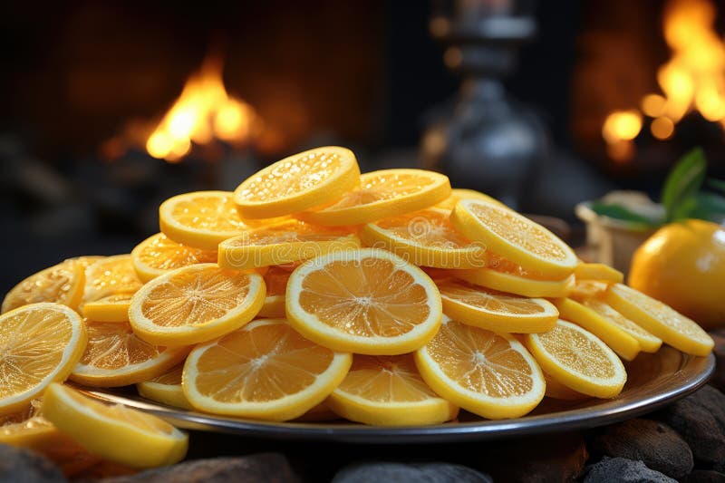 Pile of Lemon Lemon Slices and Orange Slices in a Yellow Bottom Stock ...