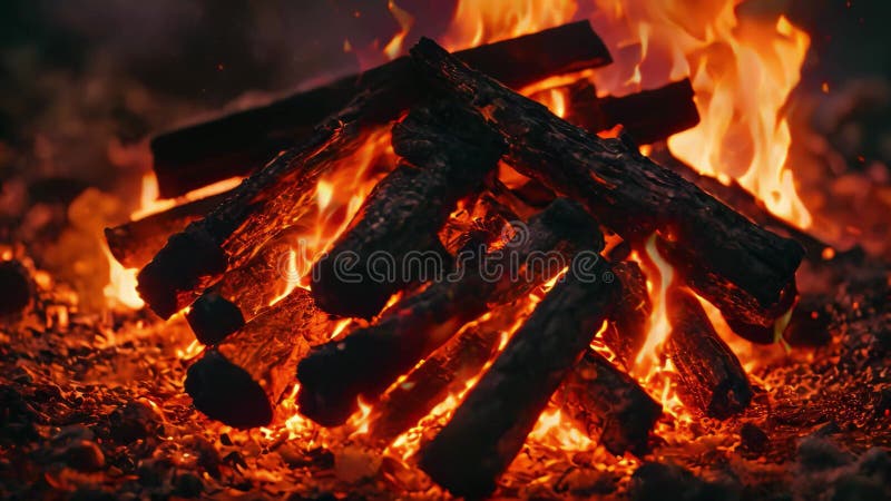 Pile of Logs Burning in Front of a Campfire with Glowing Embers on a ...