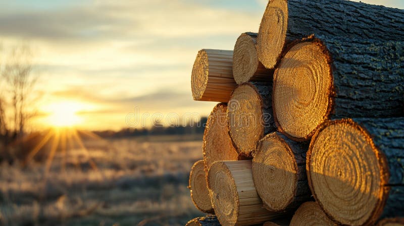 A Pile of Logs in a Field at Sunset. Stock Image - Image of trunk ...