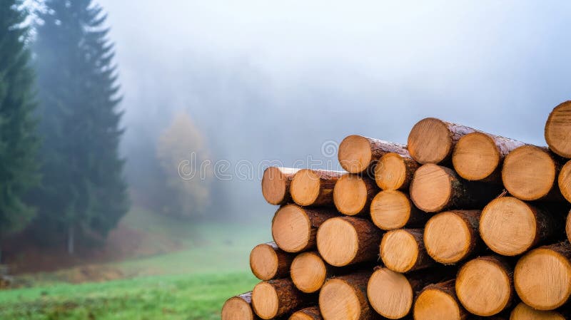 A Pile of Logs Sitting in a Field with Trees Behind Them, AI Stock ...