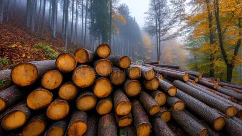 A Pile of Logs Sitting in a Forest with Trees Around Them, AI Stock ...