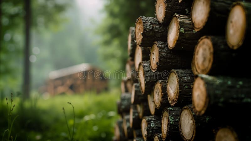 A Pile of Logs Stacked on Top of Each Other in a Forest Stock Photo ...