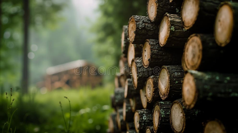 A Pile of Logs Stacked on Top of Each Other in a Forest Stock Photo ...