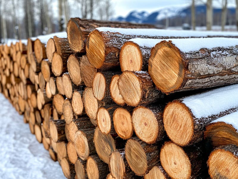A Pile of Logs Stacked on Top of Each Other in the Snow Stock Image ...