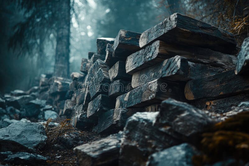 A Pile of Logs Stacked on Top of a Pile of Rocks in a Natural Setting ...