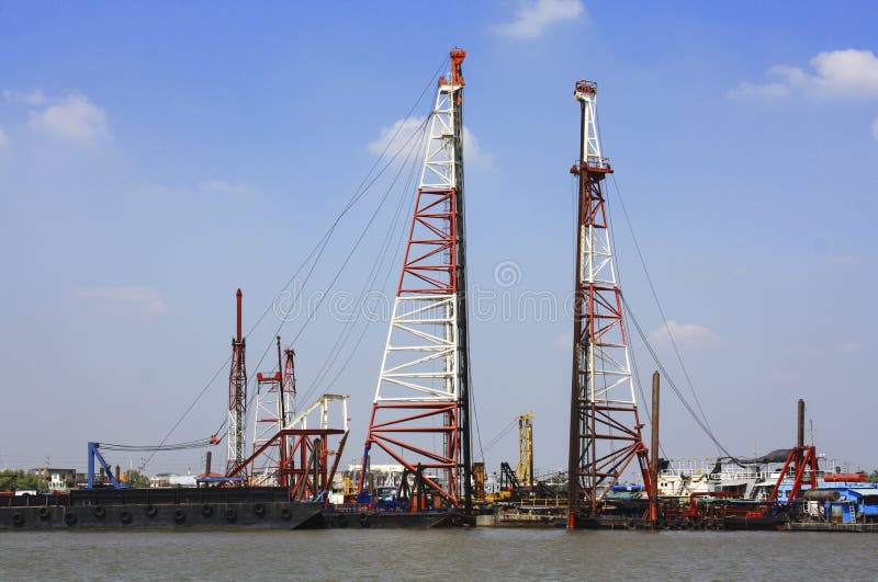 Pile Machine Floating on the River Stock Photo - Image of ground ...