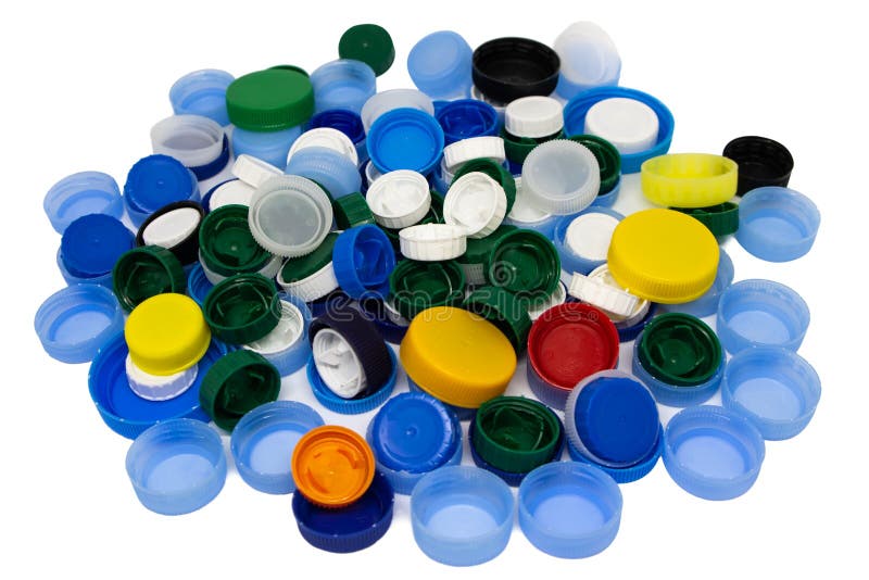 Pile of Many Colored Plastic Caps Isolated on White Background Stock ...