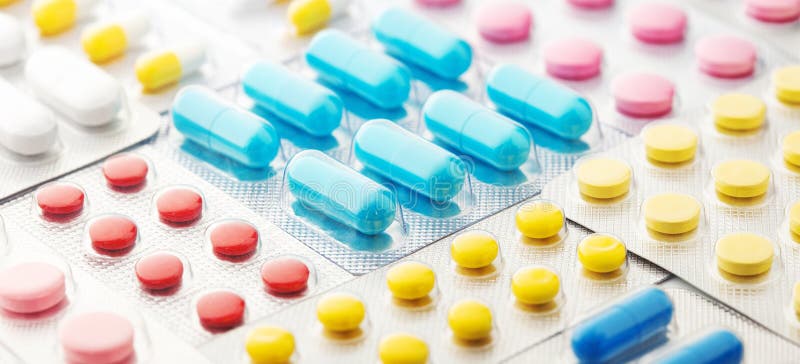 Pile of Medical Pills in Red, Blue Colors in Silver Plastic Packaging ...