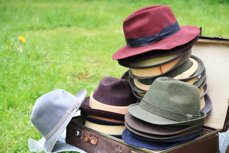 Pile Of Old Suitcase With Hat On Top Stock Photo - Image of retro ...