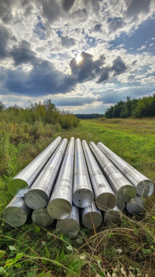 A Pile of Metal Pipes in a Field Stock Image - Image of steel, pipes ...
