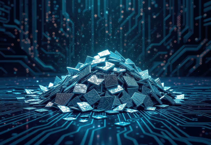 Pile of Metallic Chips on a Digital Circuit Board Background Stock ...