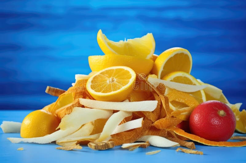 A Pile of Mixed Citrus Fruit Peels on a Blue Background Stock Photo ...
