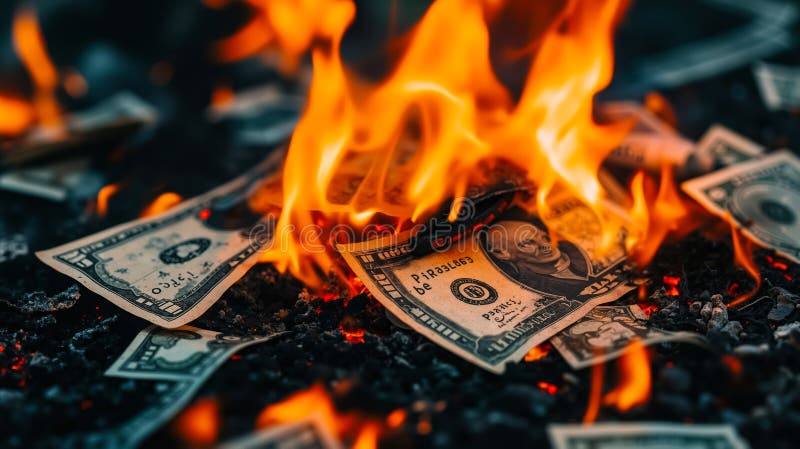 A Pile of Money on Fire with a Dollar Bill on Top of it Stock Photo ...