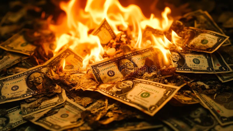A Pile of Money on Fire with a Lot of Money in it Stock Image - Image ...