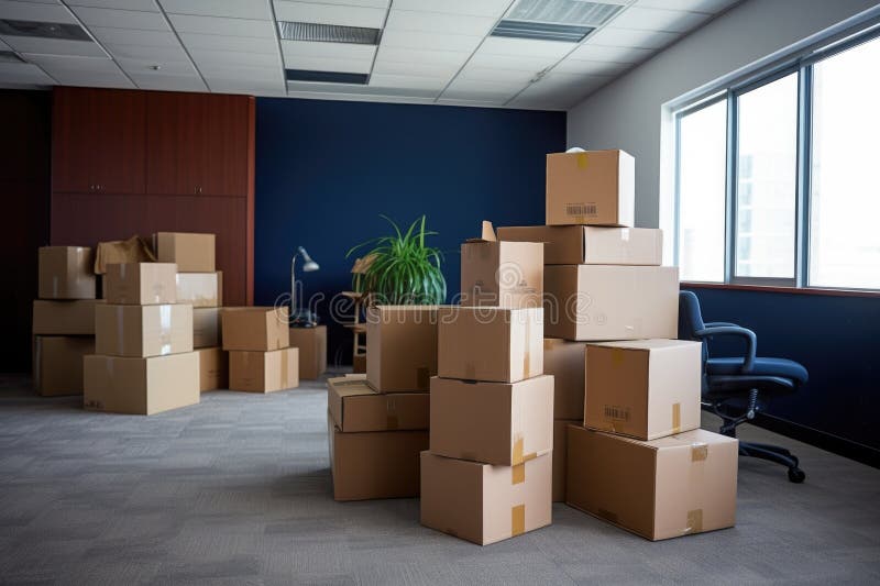A Pile of Moving Boxes in an Empty Office Stock Illustration ...