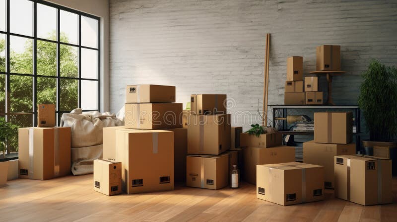 A Pile of Moving Boxes in the Room. Created with Generative AI ...
