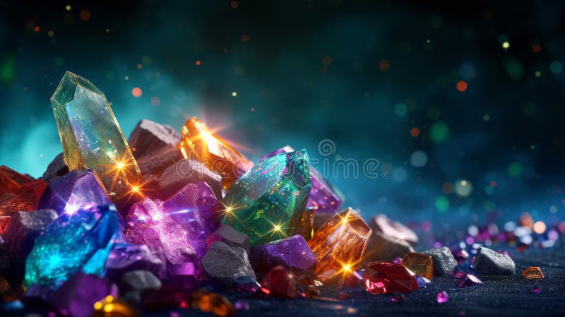 Pile of Multicolored Glowing Crystals with Cosmic Backdrop Stock Image ...