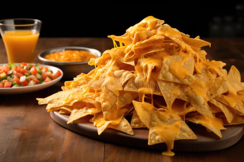 Pile of Nachos Covered with Melted Cheese on a Wooden Table Stock Photo ...