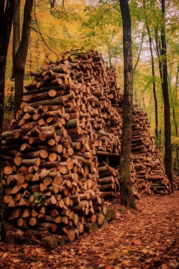 Pile of Neatly Stacked Firewood in the Forest Stock Photo - Image of ...
