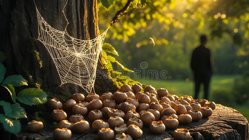Magical Autumn Scene: Dew-kissed Spiderweb and Chestnuts Stock ...
