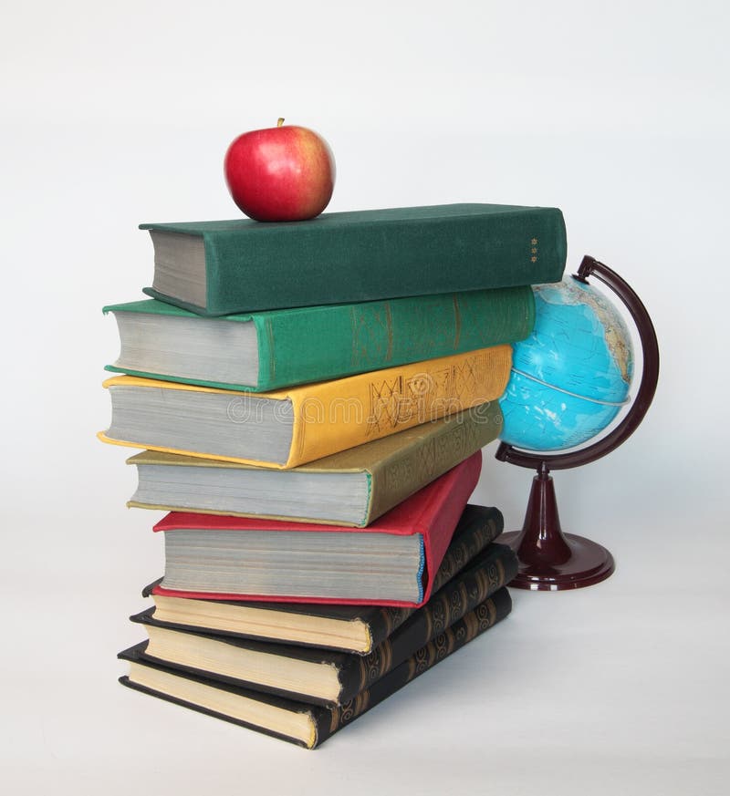 Pile of Old Books with Apple on Top and Globe Stock Image - Image of ...