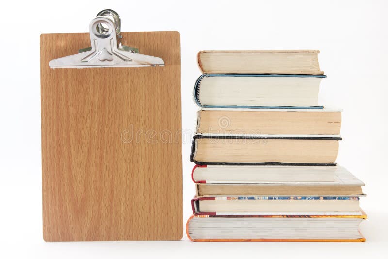 Pile of Old Books with Wooden Message Board Stock Photo - Image of clip ...