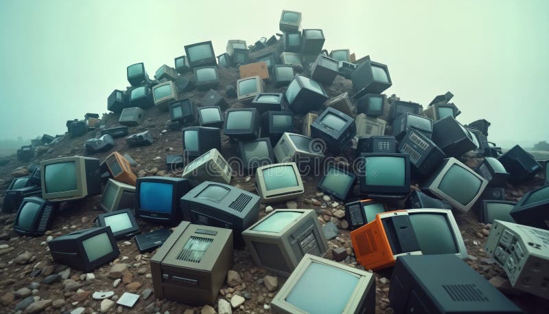 Pile of Old Electronic Devices Like TVs, Computers Shown. Discarded ...