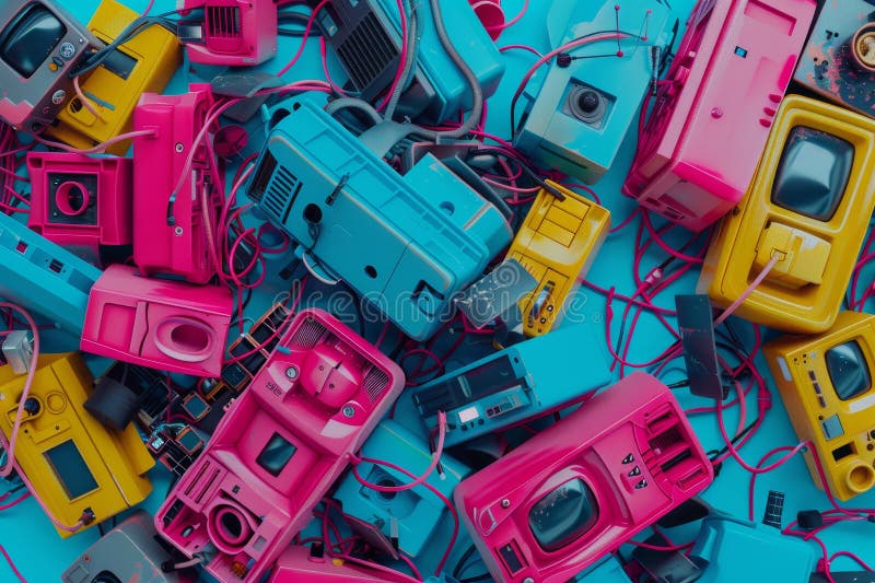 A Pile of Old Electronics Including a Television, a Remote Control with ...