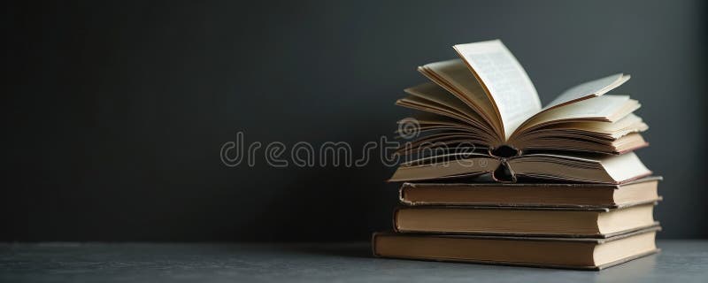 Pile of Old Hardback Books on Table with Open Book on Top. Symbol of ...