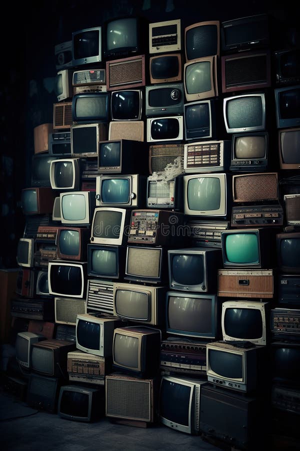 Pile Old Retro Television Vintage Filter Effect Style in the Room ...