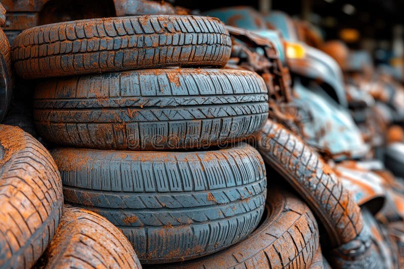 Rusty Old Tires Stacked in a Junkyard Stock Illustration - Illustration ...