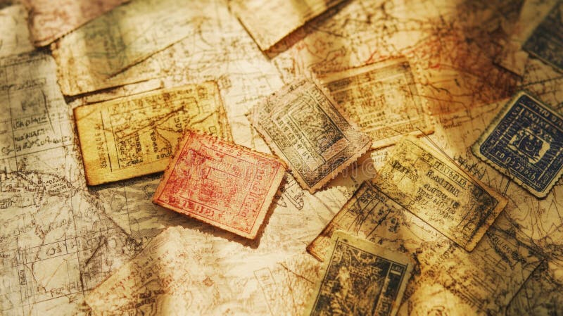 A Pile of Old Stamps on a Map Stock Illustration - Illustration of ...