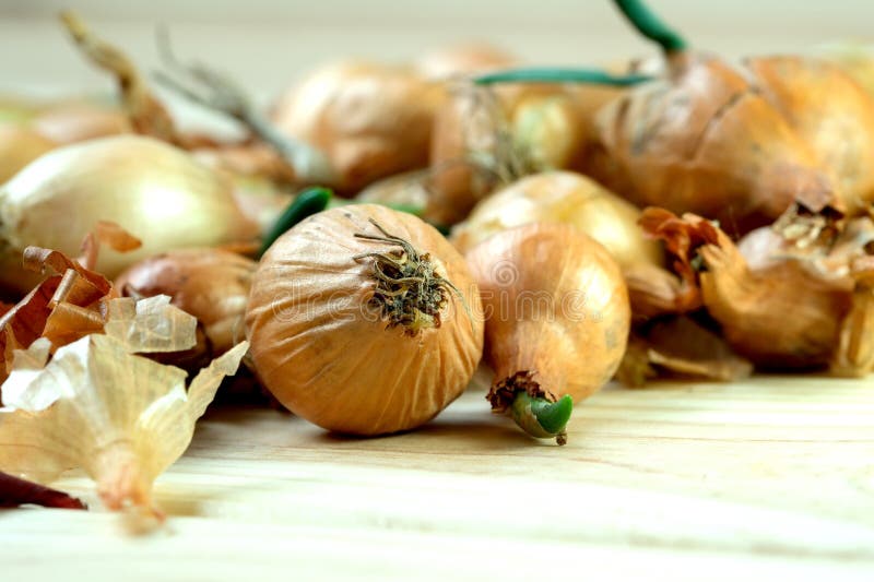 Pile of Onions on Wooden Table Stock Image - Image of savory, pungent ...