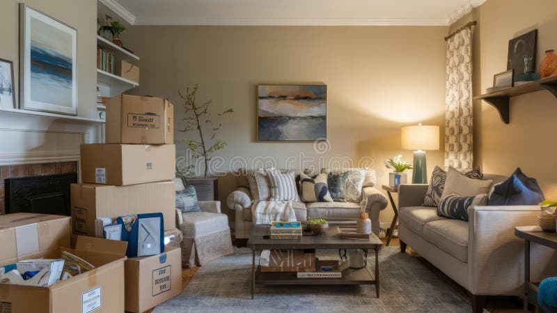 Pile of Packed Boxes and Belongings in a Cozy Living Room Stock ...