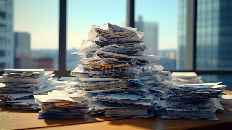 Pile of Paper on Desk Close-up. Generative AI. Stock Illustration ...