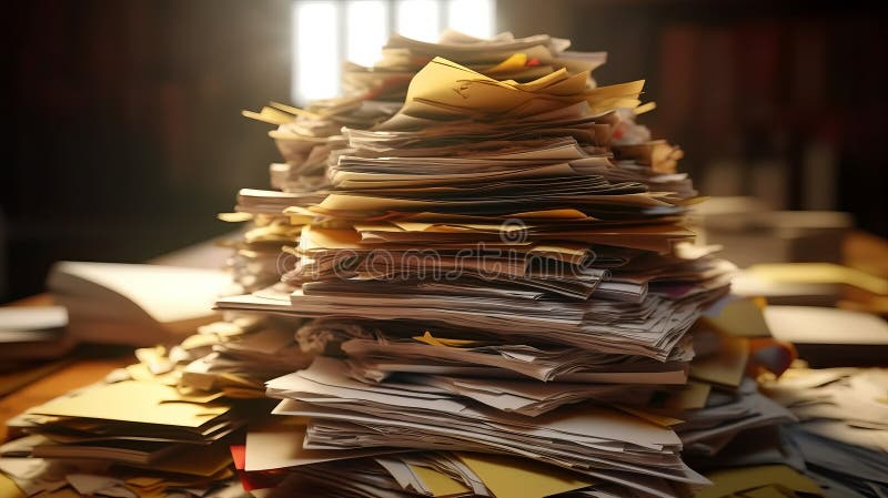 Pile of Paper on Desk Close-up. Generative AI. Stock Illustration ...
