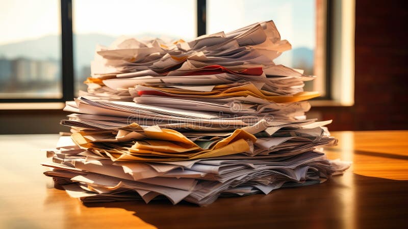 Pile of Paper on Desk Close-up. Generative AI. Stock Illustration ...