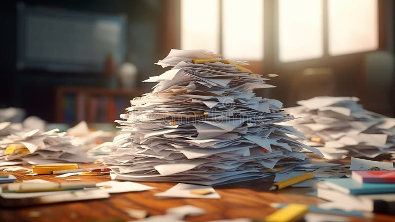 Pile of Paper on Desk Close-up. Generative AI. Stock Illustration ...