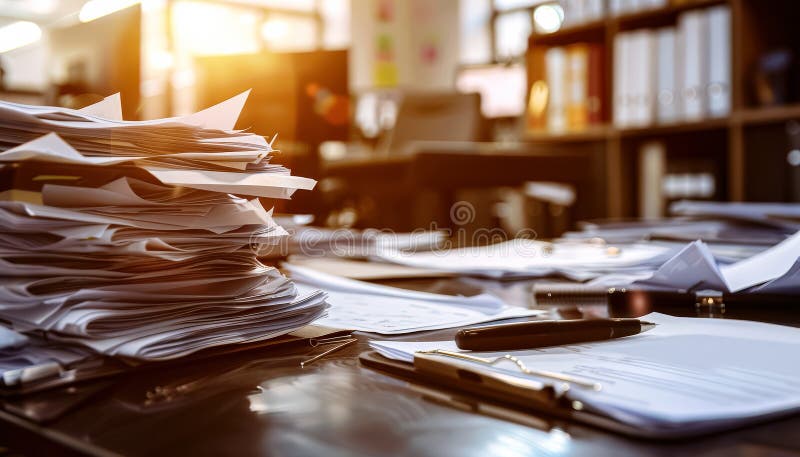 Pile of Papers on a Desk with a Bookcase Behind it. Stock Image - Image ...