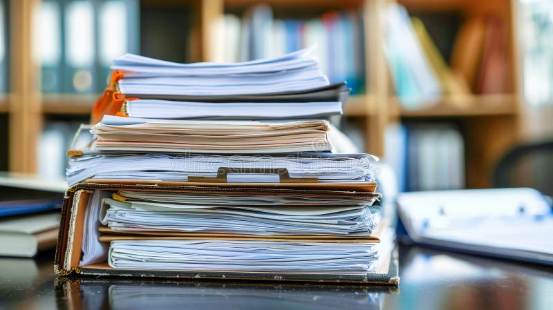 A Pile of Papers on a Desk in a Dimly Lit Office Stock Photo - Image of ...