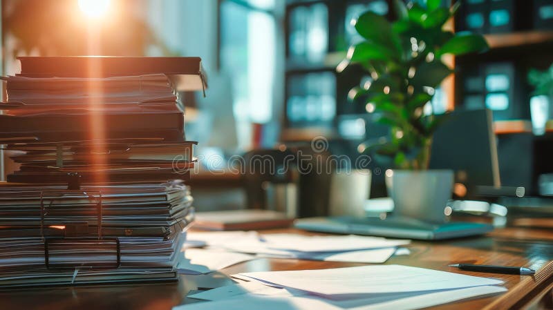 A Pile of Papers on a Desk in a Dimly Lit Office Stock Photo - Image of ...
