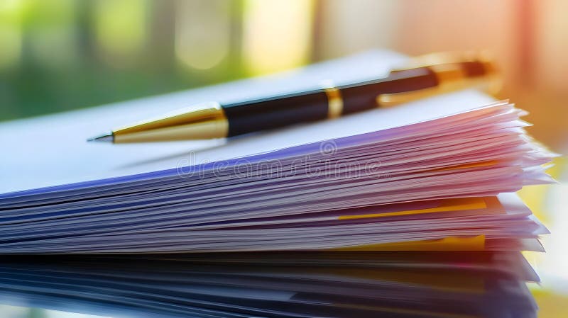 Pile of Paperwork with Golden Pen on Top Stack of White Documents on ...