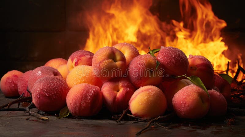 A Pile of Peaches Sitting on Top of a Fire in Front, AI Stock Image ...