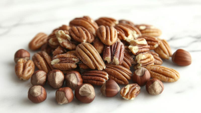 A Pile of Pecans and Hazelnuts on a White Marble Surface Stock ...