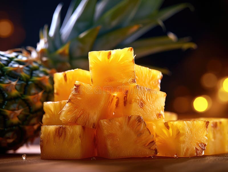 Pile of Pineapple Cubes on Wooden Table Stock Illustration ...
