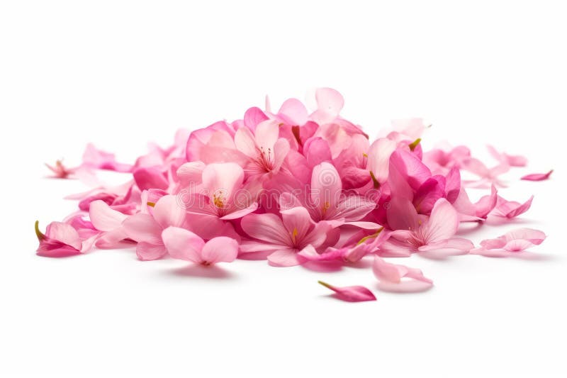 Pile of Pink Flowers on White Surface with Petals Scattered Around it ...