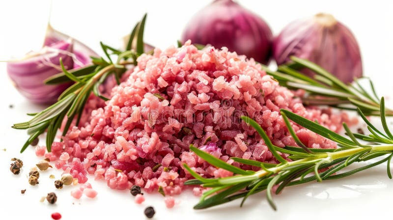 A Pile of Pink Meat with Garlic and Rosemary on a White Table Stock ...