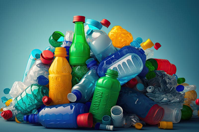 Pile of Plastic Bottles with Different Colored Caps and Labels, for ...