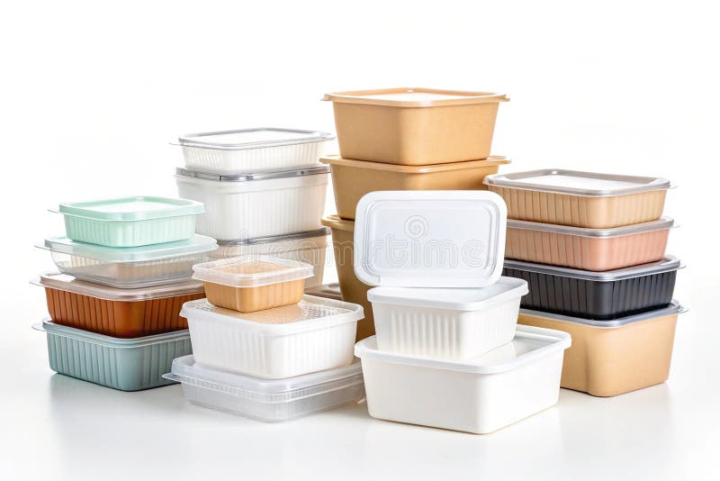 A Pile of Plastic Containers on a White Background Stock Image - Image ...